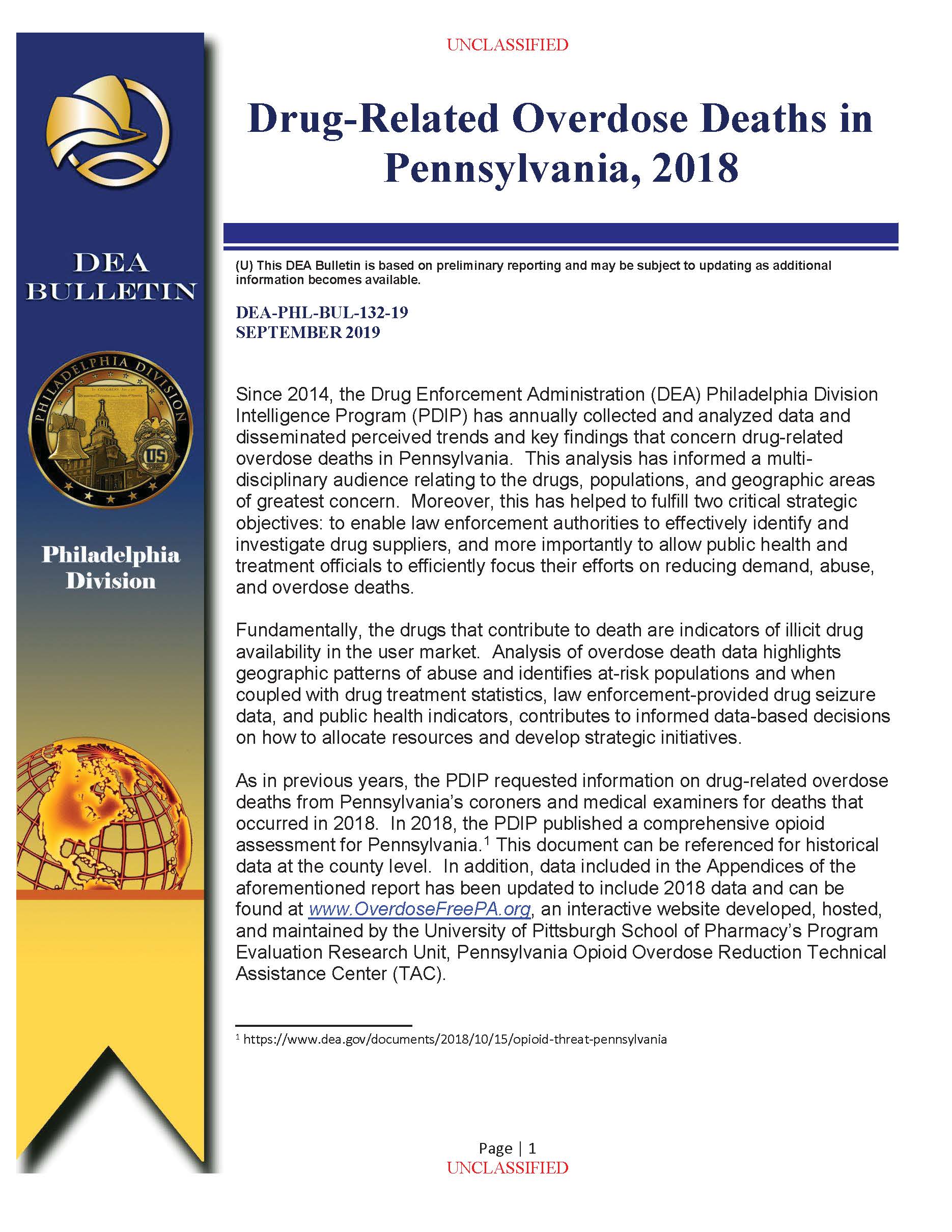 Drug-Related Overdose Deaths in Pennsylvania, 2018 (BUL-132-19)